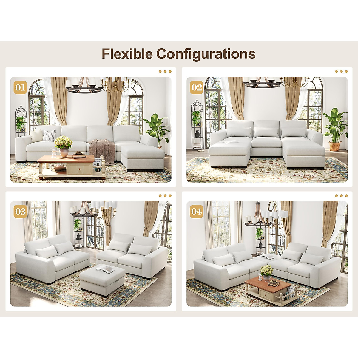 Woyomeub Sectional Sofa Couches for Living Room: L Shaped Couch with Storage Ottoman - Beige Modular Oversized 4 Seater Sofas with Pillows U Shape Furniture Set