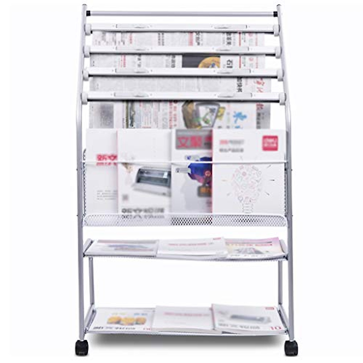 Metal Magazine Rack Newspaper Holder Book Shelf Storage Rack with Wheels Stratification Freestanding Display Rack Materials Robust 63.5X36X105CM MUMUJIN
