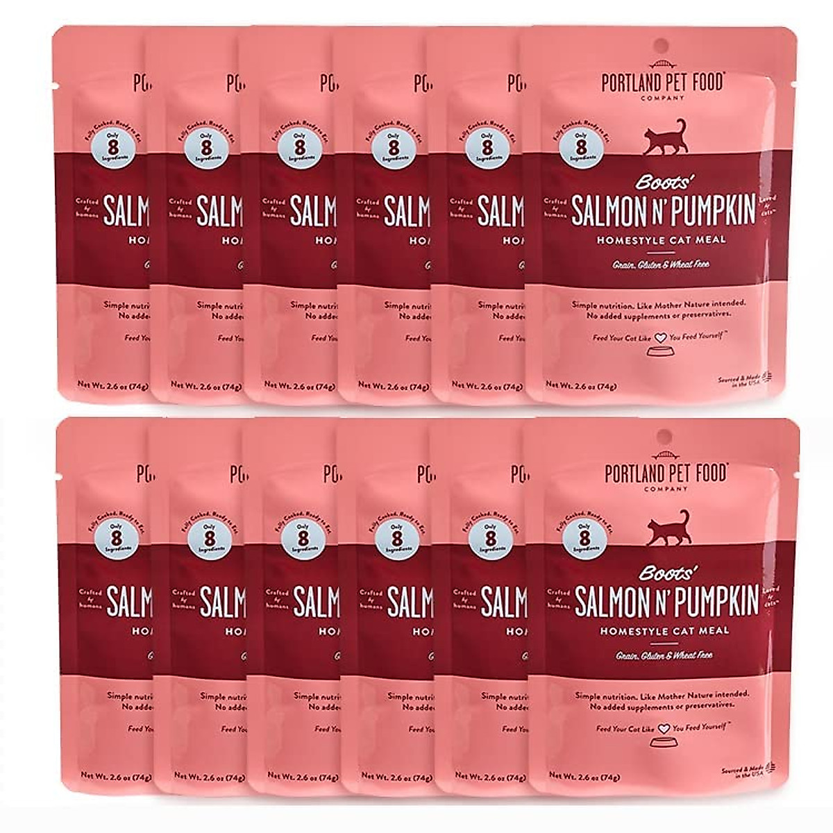 Human-Grade Mixed Variety Pack Wet Cat Food Pouch — Moist, Soft Cat Food Mixer, Topper, and Rotational Meal (Salmon, 12 Pack) by Portland Pet Food Company