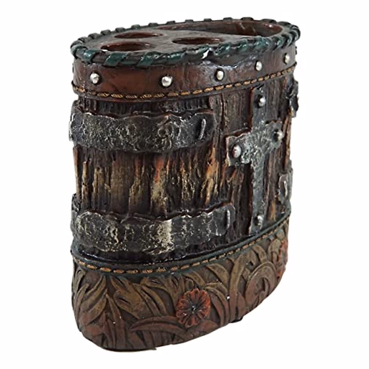 Ebros Gift Rustic Western Old World Country Blue Cross with Concho and Nailheads in Faux Distressed Wood Finish with Floral Patterns (Tumbler Cup, Soap Dish and Toothbrush Holder Set of 3)