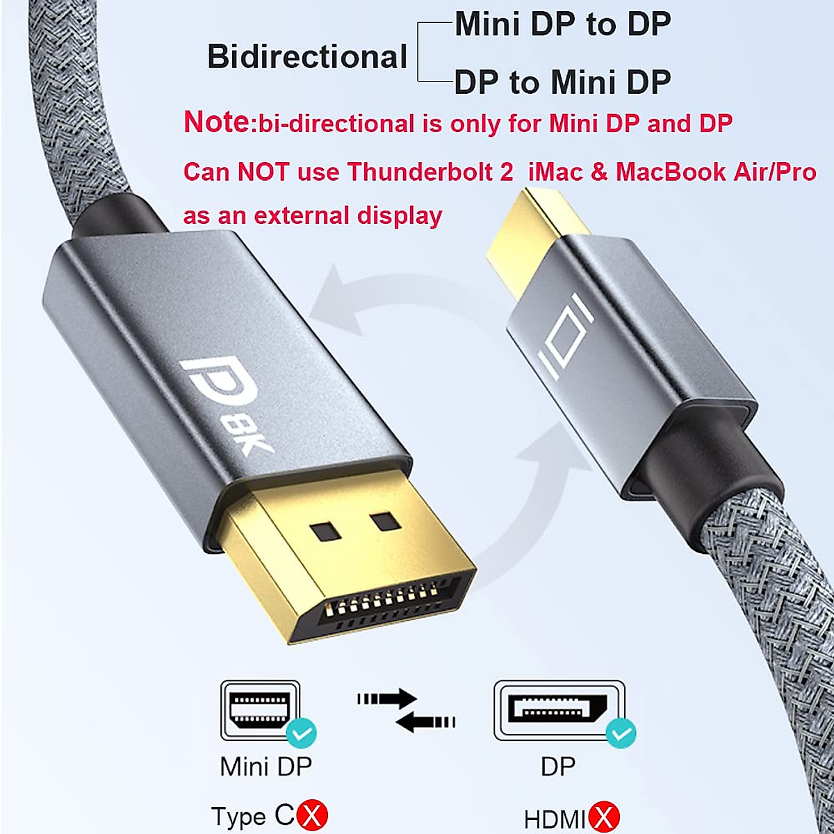 QCEs 8K Mini DisplayPort to Displayport 1.4 Cable 6.6Ft, Thunderbolt to DP Cable 8K@60Hz 4K@144Hz Thunderbolt 2(Video Output) Compatible with MacBook, iMac, Mac Mini to DP Monitor