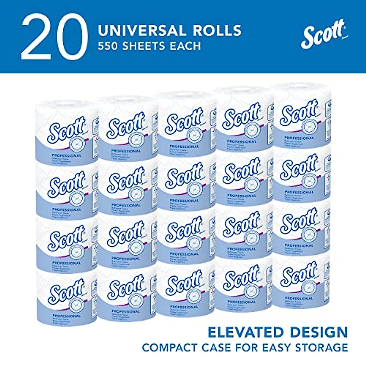 Scott Professional Standard Roll Bulk Toilet Paper (13607), 2-Ply, Elevated Design, White, Individually Wrapped, Compact for Easy Storage (20 Rolls of 550 Sheets, 11,000 Sheet Total)