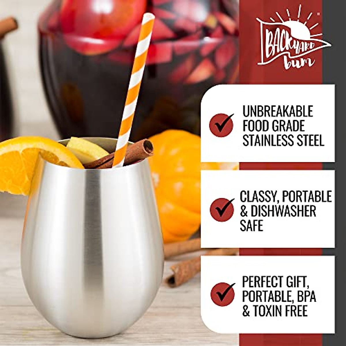 Backyard Bum Premium Solid Stainless Steel Wine Glasses | Set of 4 Large 18 Ounce | Stemless Wine Glasses| Perfect for Entertaining Outdoors