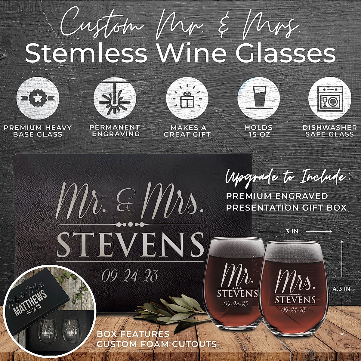 Set of 2 Mr and Mrs Personalized Stemless Wine Glasses - Engraved Custom Monogrammed Glassware Gifts