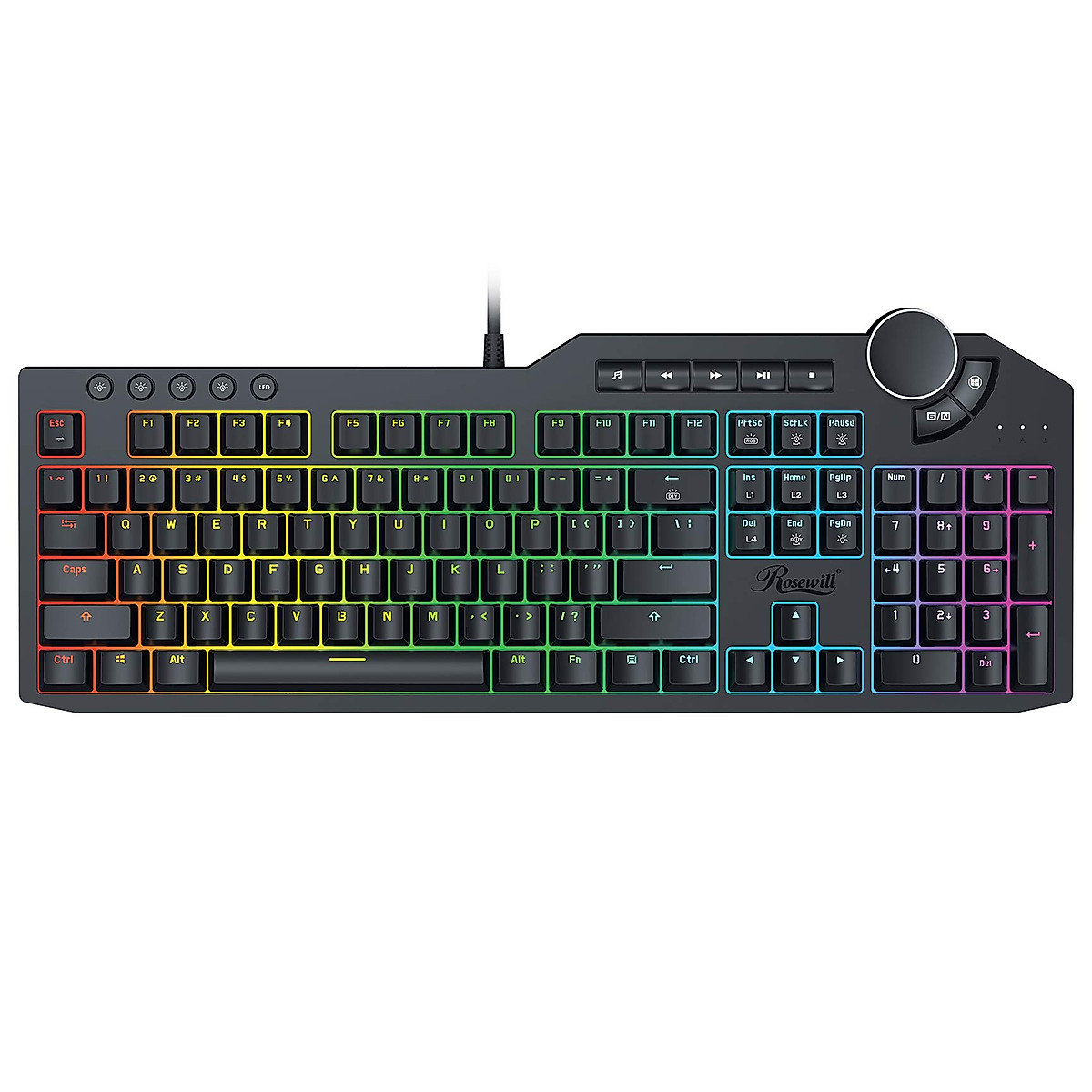 Rosewill Mechanical Gaming Keyboard, 15 RGB Backlit Modes, 2-Port USB Passthrough, Media Keys and Multifunctional Volume Dial, Magnetic Wrist Rest, Tactile Brown Switches - NEON K90 RGB BR, Black