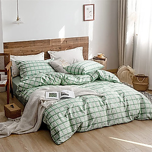 Nayoroom Green Plaid Duvet Cover Queen Size White Sage Green Grid Geometric Patterned Bedding Set 3 Pieces Soft Durable 120G Microfiber Reversible Comforter Cover with Zipper Closure for Women Men