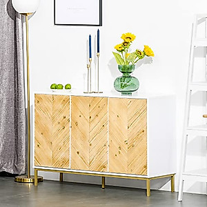 HOMCOM 3 Door Sideboard Buffet Cabinet, Kitchen Cabinet, Coffee Bar Cabinet with Chevron Pattern, Adjustable Shelf and Metal Legs, Natural Wood