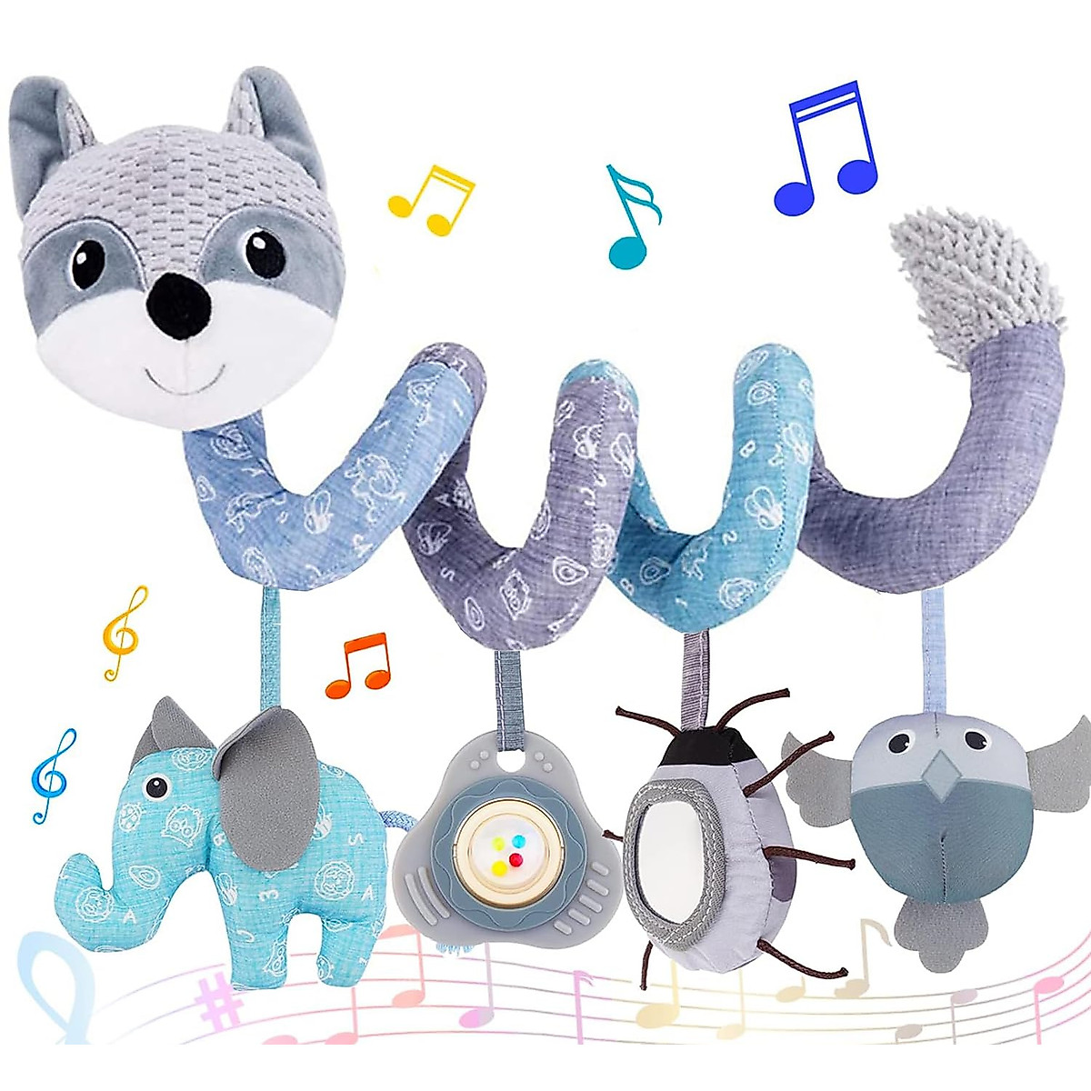 FPVERA Baby Spiral Plush Hanging Toys - Babies Spiral Activity Toy Spiral Hanging Rattle Sensory and Musical Plush Toys Car Seat Mobile Toy for Kids Infant Newborn 0-12 Months (Gray Fox)