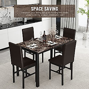 Dining Table Set for 4, Furniture 5 Piece Faux Marble Dining Set, 4 Faux Leather Metal Frame Chairs, Dinette, Compact Space w/Artificial Marble for Small Spaces, Dining Room, Kitchen