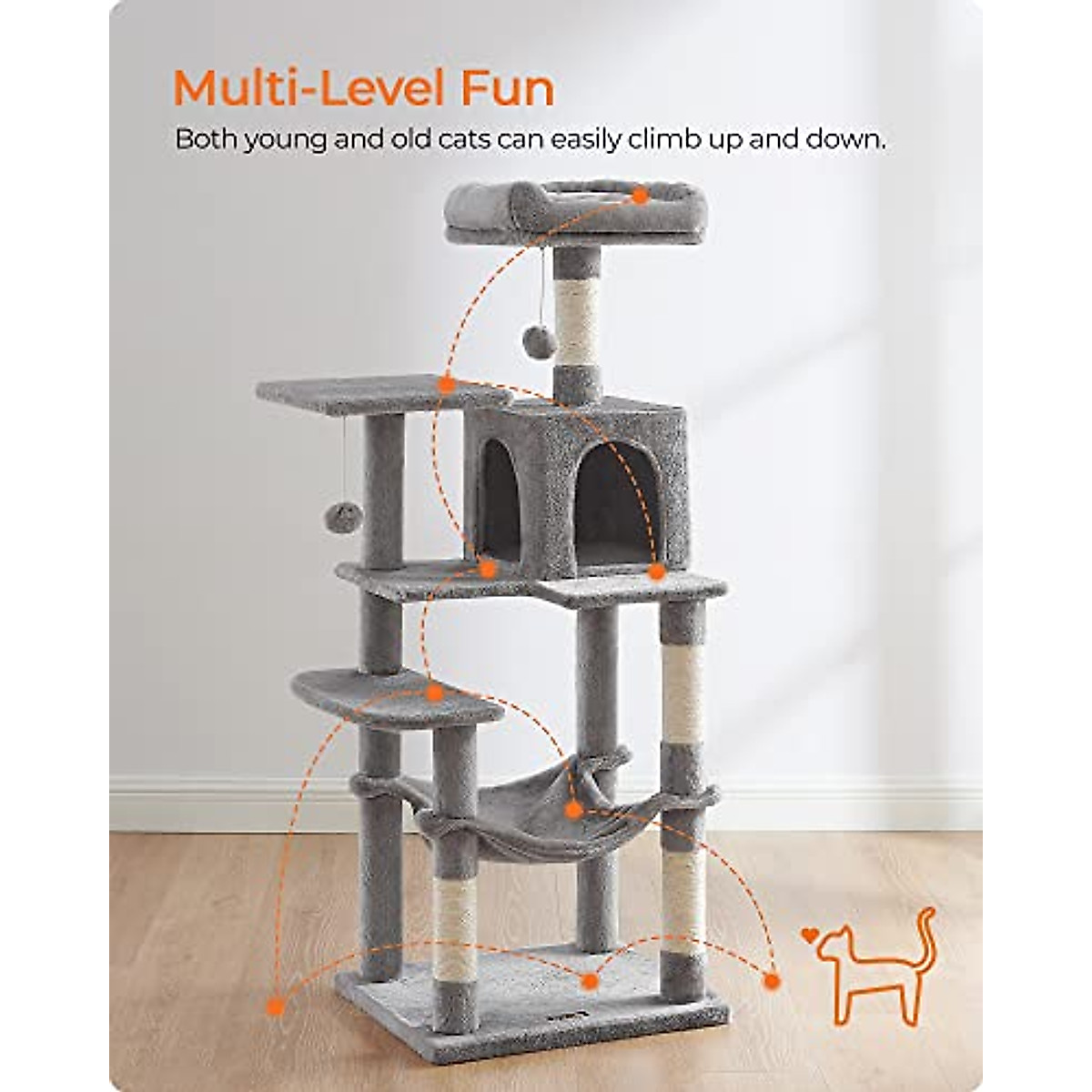 Feandrea Cat Tree, Cat Tower, Cat Condo with Scratching Posts, Hammock, Plush Perch, Cat Activity Center, Light Gray UPCT161W01