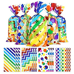 Kesote Rainbow Cellophane Treat Bags, 100 Pieces Printed Plastic Gift Goodie Candy Treat Bags with Ties for Summer Kids Birthday Party Favor Supplies