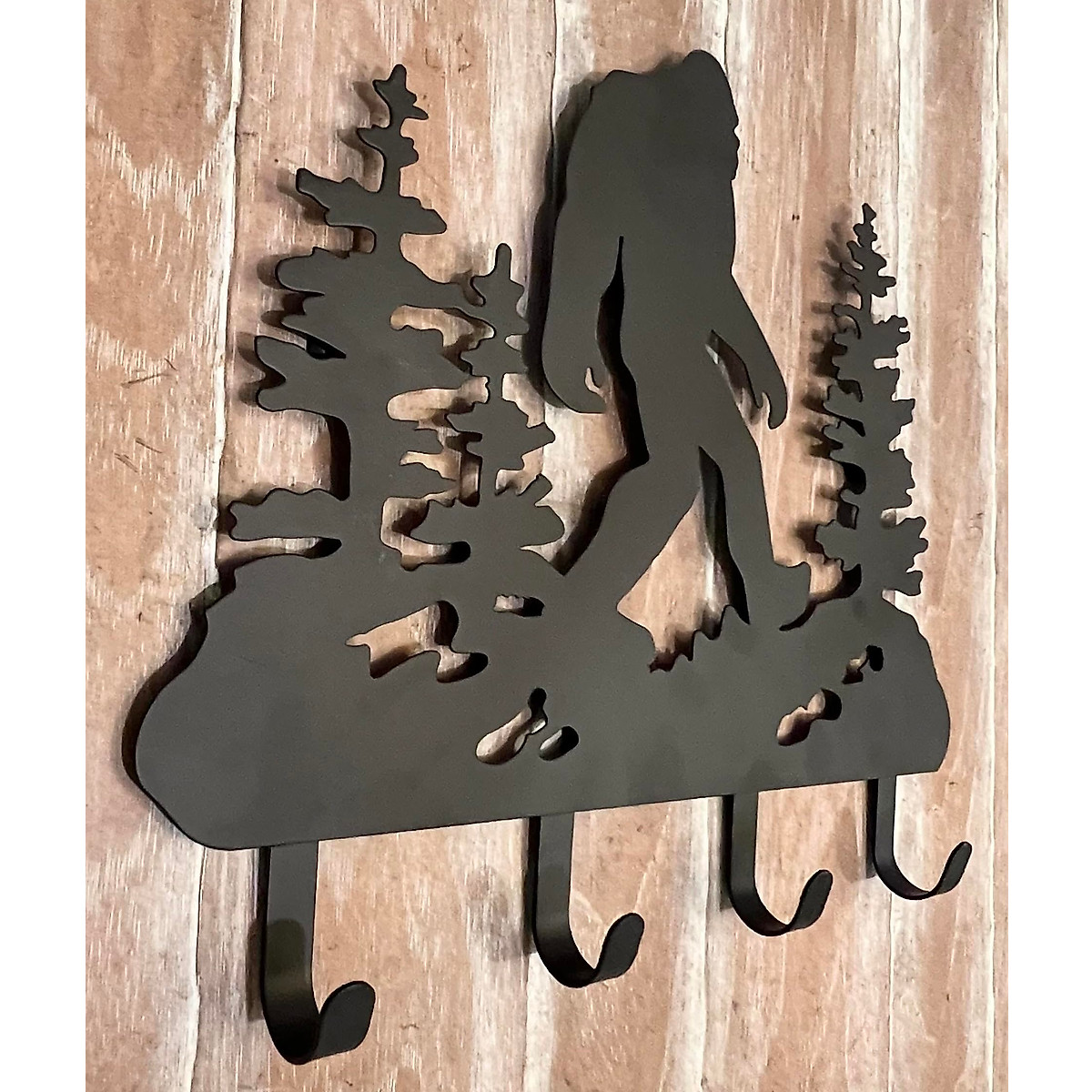 Top Brass Bigfoot Sasquatch Metal Wall Hooks - 4 Strong Hooks for Keys, Caps, Jackets, Bags - Rustic Cabin, Lodge, Mountain Art Decor