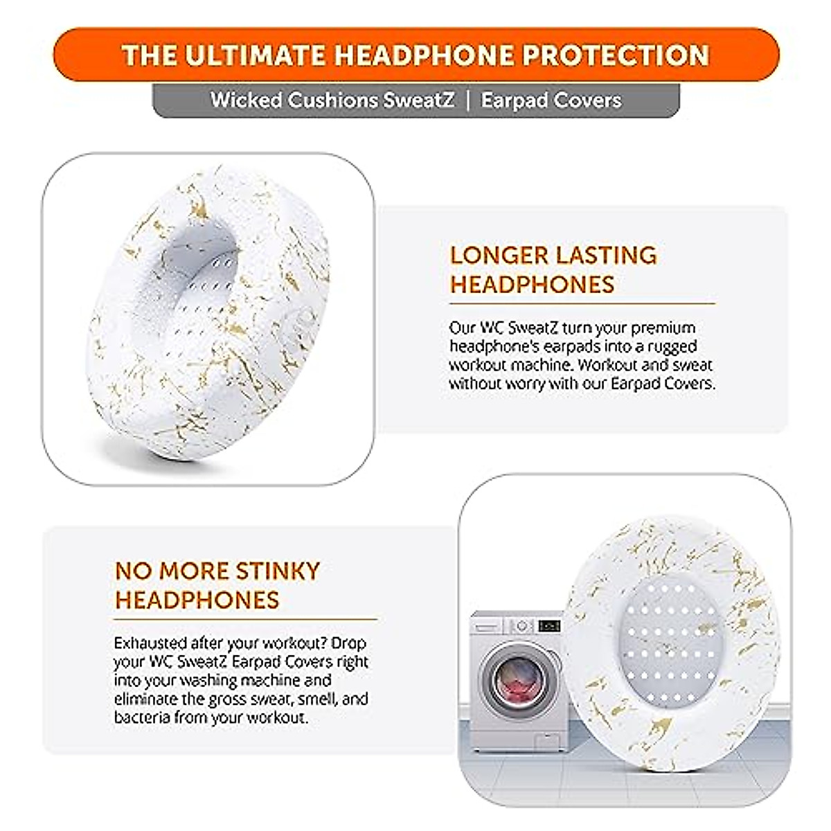 WC SweatZ Protective Earpad Covers Made by WC | Fits Beats Studio 3 & 2 (Does Not Fit Beats Solo) / Bose QC35 & 35II / Bose 700 & More | Sweatproof & Easily Washable | Gold Marble