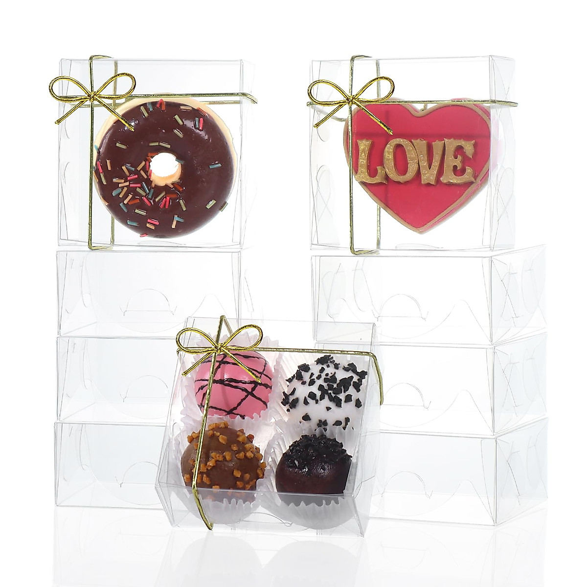 SLShePack 50PCS Clear Cookie Boxes Soap Boxes Chocolate Truffle Boxes for 4,Donut Boxes Macaron Boxes Chocolate covered Cherries Boxes Mini Bakery Boxes Brownie Boxes(3¼"X3¼X1½)