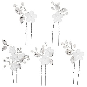 Yolev 5Pcs Peal Flower Hair Pins Bridal Hair Pins Pearl Hair Flower Pins Silver Wedding Hair Pieces Hair Accessories for Women Girls