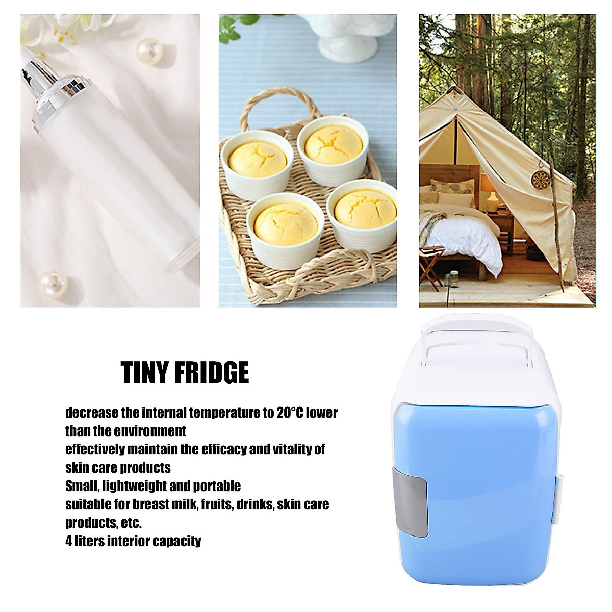 Mini Fridge, 4 Liter/6 Can Portable Thermoelectric Cooler and Warmer Refrigerators, Detachable Partition Small Refrigerator Skincare Fridge for Skincare Beverage Food Cosmetics Home Dorm Office(Blue)