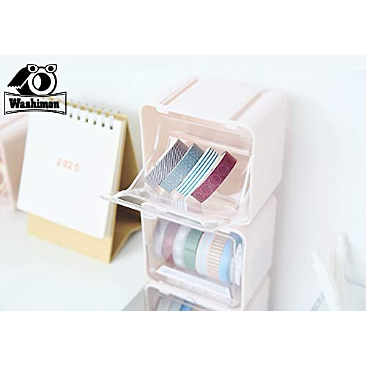 Washimon Washi Tape Organizer - Stackable Plastic Storage Box - Clear Art Supply Holder (Pink 4pcs)