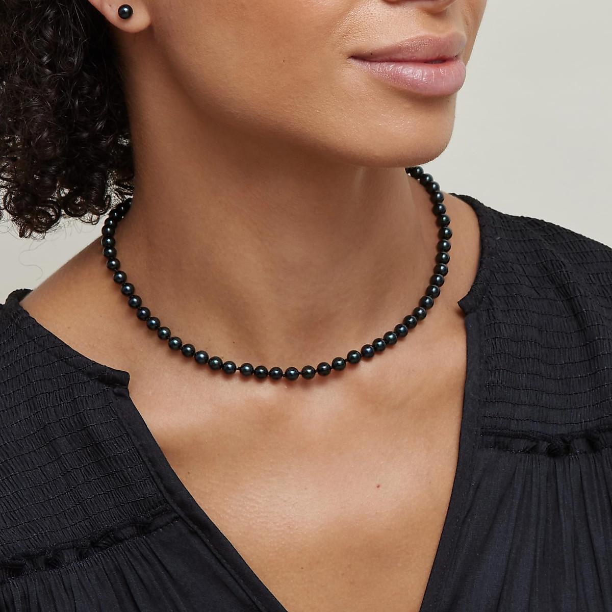 The Pearl Source Black Akoya Japanese Pearl Necklace for Women - 14k Gold Pearl Strand Necklace | 18in Long Pearl Necklace with Genuine Cultured Pearls Pearl Gifts for Christmas, Holidays and Anniversary