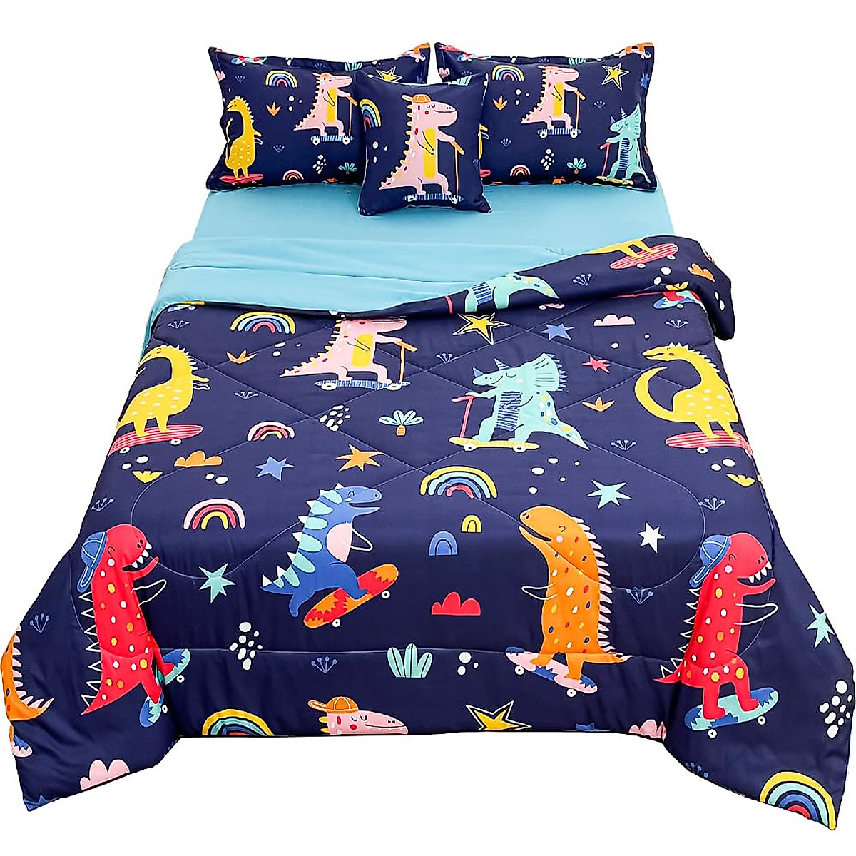 Megamayga Dinosaur Bedding Full Size for Boys 6 Pieces Dinosaur Comforter Set Full for Kids Bed in A Bag Comforter Set with Blue Sheets Stars Rainbow Print 3D Dino Bedding Skateboard Dinosaur Bed Set