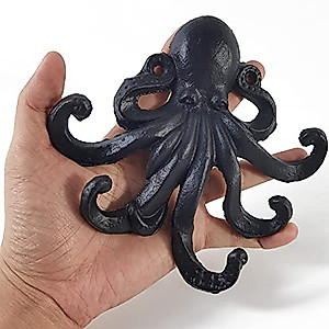RONYOUNG 2PCS Heavy Duty Decorative Octopus Hook- Wall Mounted Coat Hooks/ Solid Cast Iron Unique Key Holders/ Home Decor (Black)
