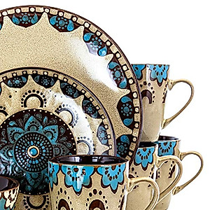 Elama CLAYHEART16 Clay Heart 16 Piece Luxurious Stoneware Dinnerware with Complete Setting for 4, 16pc, pc, Tan, Blue, Brown