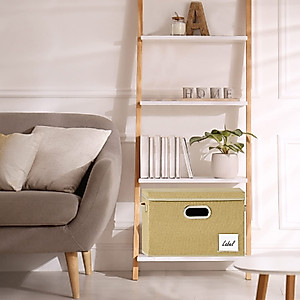 LHZK Large Storage Bins with Lids 6 Pack, Foldable Linen Fabric Storage Boxes with Lids, Sturdy Fabric Storage Bins with Label & 3 Handles for Shelves Bedroom Home Office (Beige, Large)