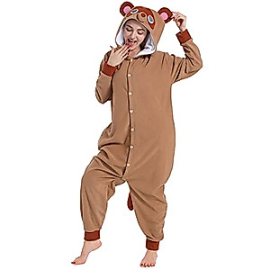 Lovemonster Adult Raccoon Costume Animal Onesie, Dressing-up Party Halloween Christmas Cosplay Costume Pajamas Sleepwear for Women Men Brown L