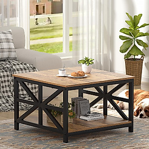 GreenForest Coffee Table with Storage, 27.6 inch Square Coffee Table, Seamless One-Piece Tabletop Design, Small Coffee Tables for Living Room, Farmhouse Sofa Table, Rustic Center Table, Walnut
