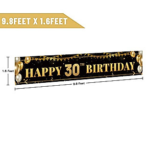 Large Happy 30th Birthday Decoration Banner, Black and Gold Happy 30th Birthday Banner Sign, 30th Birthday Party Decorations Supplies(9.8x1.6ft)
