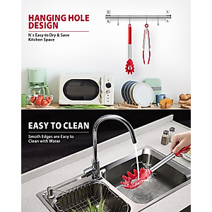 Spaghetti Spoon and Pasta Tong, Non-stick Silicone Spoon Server Fork with teeth and Stainless Steel Handle Spaghetti Tong, Food Clip for Spaghetti Noodle, Red