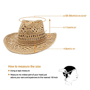 GEMVIE Men & Women's Summer Cowboy Cowgirl Straw Hat Hollow Out Style Roll Up Brim Cowboy Sun Hat Coffee