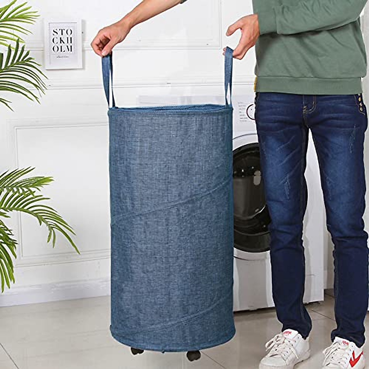 Viviphanhy Collapsible Laundry Baskets Dorm Pop Up Laundry Hamper Oxford Cloth Cylinder With Wheels Handles (Blue)