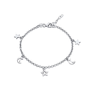 Amberta Women 925 Sterling Silver Anklet with Charms: Ankle Bracelet with Moons and Stars - 22 + 4 cm