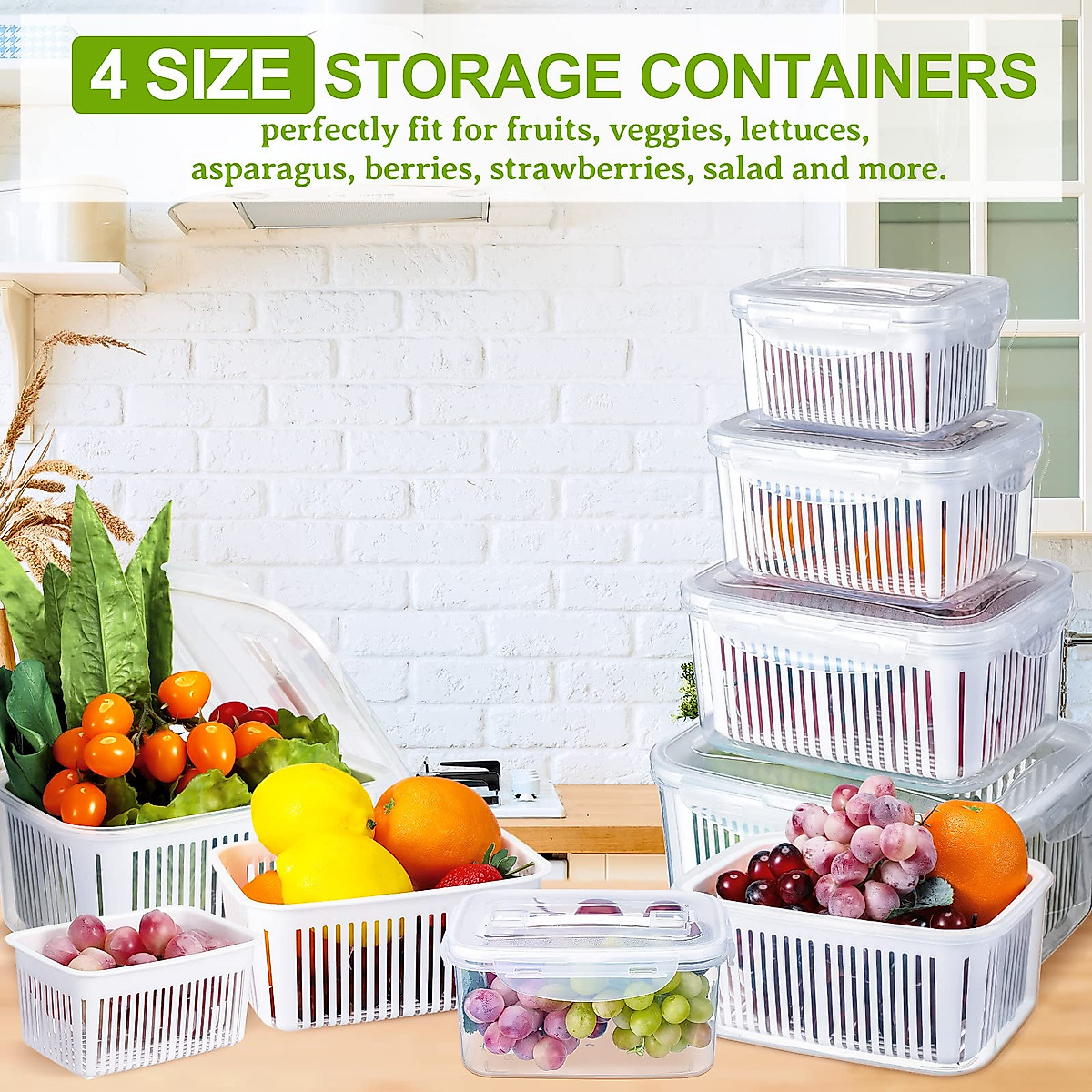 Rtteri 8 Pack Fruit Storage Containers for Fridge Produce Saver Containers for Refrigerator with Drain Colander Plastic Produce Keepers Refrigerator Organizer for Vegetable Berry Salad Lettuce (White)