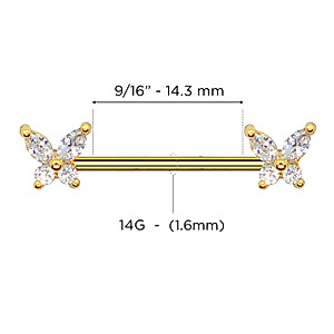 Pierce2GO Pair of Anodized Gold 316L 14G Butterfly Nipple Rings with CZ Stones Piercing Women - 9/16" Barbell