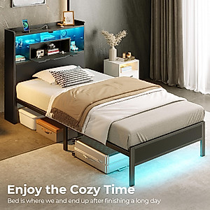 Rolanstar Twin Bed Frame with Charging Station, LED Bed with Bookcase Storage Headboard, Metal Platform Bed with Glass Shelves, No Box Spring Needed, Noise-Free, Black