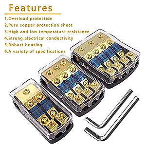 Idong 4-Way Fuse Holder Copper Distribution Block, Copper 0/2/4 Gauge to 4/6/8 Gauge 60 Amp, Used for Audio Stereo Amplifier of car, Truck, Ship, with Hexagon Wrench (4 Way)