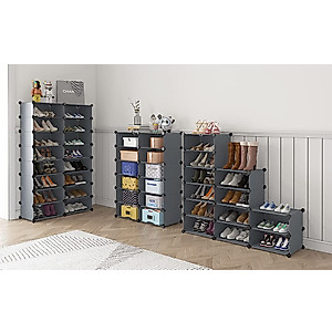 UNZIPE Shoe Rack Cabinet, 8-Tier Shoe Storage Organizer for Entryway, 16 Pairs Plastic Shoe Shelves with Door DIY Freestanding Shoes Tower with Covered for Closet Bedroom Hallway Garage, Dark Grey