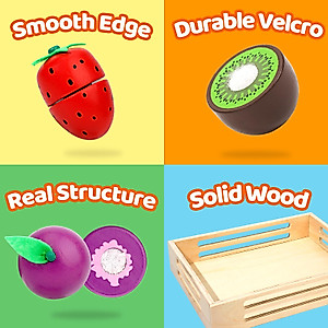 BAODLON Wooden Cutting Fruit Set - Wooden Play Food Toys for Kids Kitchen, Multi Play Food Kitchen Accessory with 2 Trays, Play Fake Fruit Toys Birthday Gifts for 3 4 Years Toddler Girl Boy