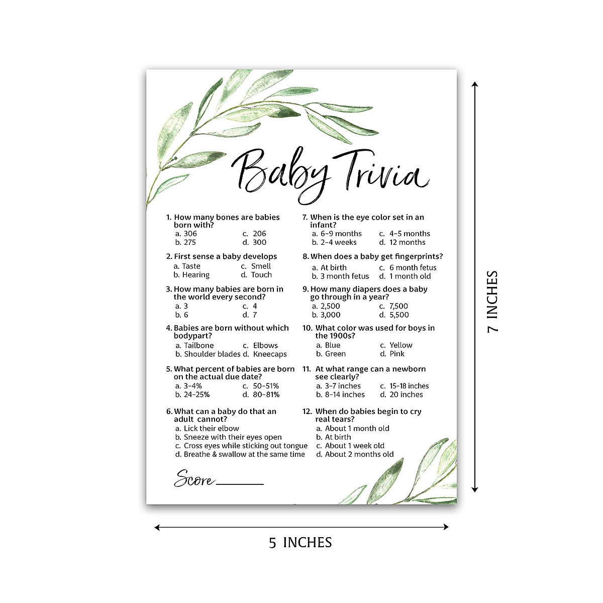 GREENERY Baby Shower Game — BABY TRIVIA Games — Pack of 25 — Fun Baby Facts Games, Floral, Green, Olive Branch Baby Shower Activity, Rustic Gender Neutral Baby Shower Games, G320-TRV
