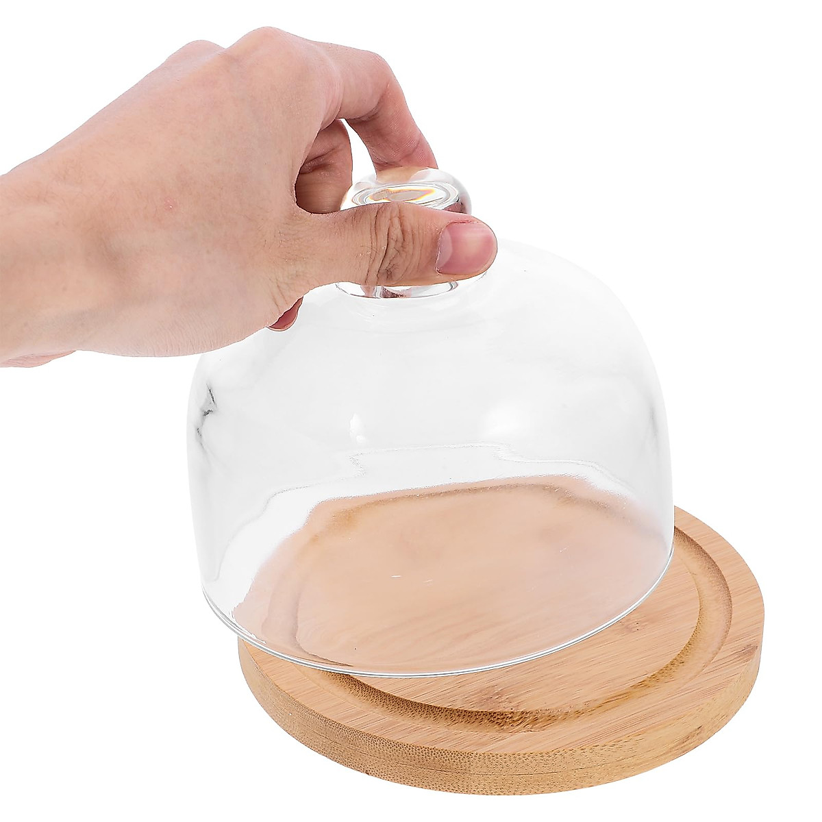 GANAZONO Household Cake Cupcake Holder Container, Food Holder with Wooden Base and Glass Lid Cake Display Dessert Storage Tray （ Glass Cover+ Tray ）