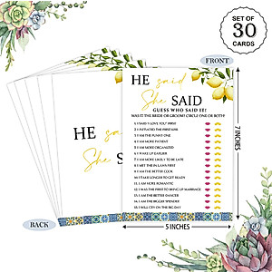 Blue Tiles and Lemons He Said She Said Game for 30 Guests with Game Cards, Lemons Bridal Shower Game, Modern Bridal Shower Decorations, Wedding Shower or Bachelorette Party Supplies - 02