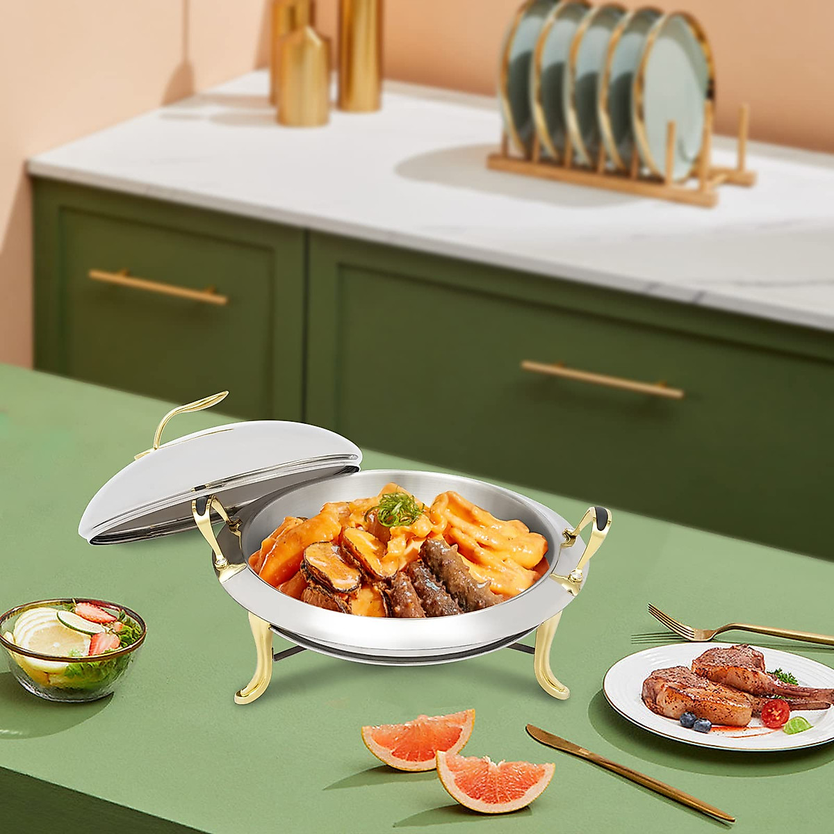 Chafing Dish Chafer Cover Buffet Warmers Chaffing Server Set Chafer with a Capacity of 1.5L, Catering Dishes Set for Party Restaurants, Hotels, 11.02"*8.07"inch