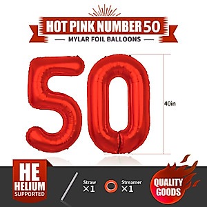 GINZU 40 Inch Red 50 Number Balloons Giant Jumbo Huge 50 Foil Mylar Helium Number Digital Balloons Dark Red 50th Birthday Balloons 50th Anniversary Events Party Decorations Photo Shoot Supplies