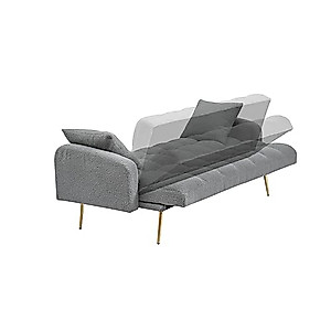 Verfur Teddy Fleece Upholstered Modern Convertible Futon Adjustable Folding Sofa Bed, Recliner Sleeper Loveseat Couch with Metal Golden Legs and Throw Pillows for Living Room, Office,Bedroom