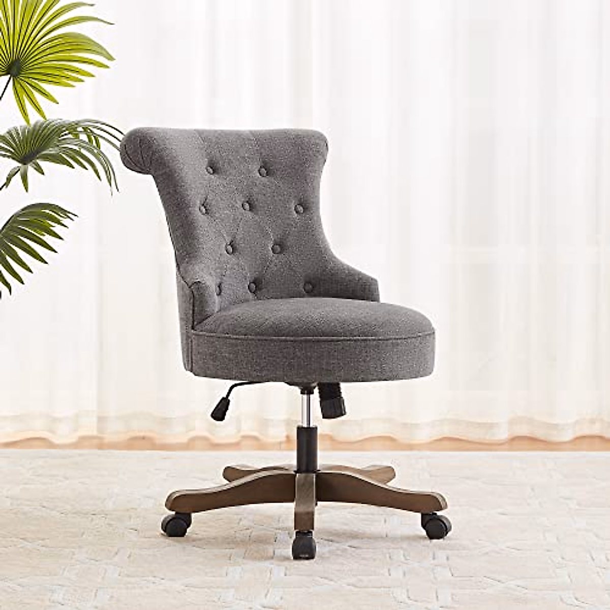 Batohom Home Office Chair Adjustable Height Swivel Chair with Wheels Linen Fabric Upholstered Computer Desk Chair with Wooden Legs Comfortable Armless Chair for Home Office Study Studio(Grey)