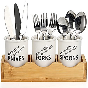 Nicunom Set of 3 Ceramic Flatware Caddy with Bamboo Wood Base, Kitchen Utensil Holder Silverware Organizer for Spoons, Knives and Fork, Farmhouse Decor Kitchen Tool Crocks for Countertop