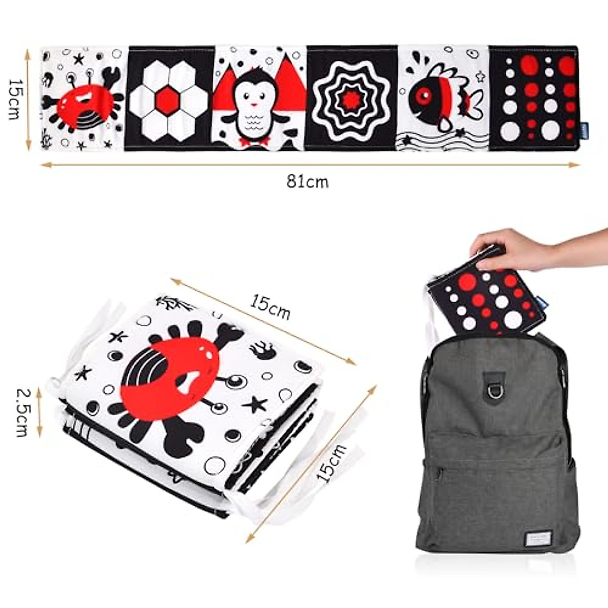 Vicloon Black and White Baby Toys, High Contrast Baby Book for Newborn 0-3 3-6 Months, Infant Tummy Time Toys, Early Education Sensory Toys, Visual Stimulation Folding Cloth Book for Boys Girls