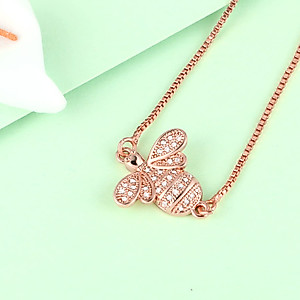 Lepida Micro Pave Bee Pendant Womens Bracelets with Adjustable Box Chain Crystal Diamond CZ Honeybee Jewelry for Her Gift, Rose gold