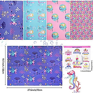 MAMUNU Gift Wrapping Paper Set Girls, 8 Sheets Mermaid Wrapping Paper with Stickers, Colorful Pink Kraft Wrapping Paper for Girls Women Kids Birthday Baby Shower Holiday Party, 20x27 Inch Per Sheet